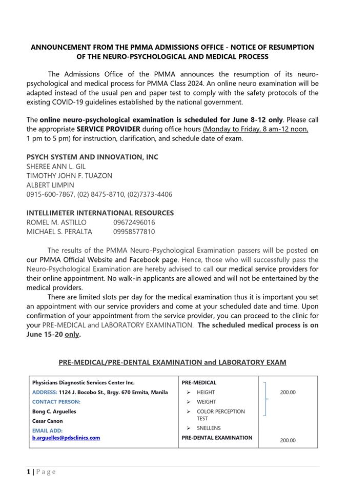 PMMA Neuro-Psychological Exam Schedule 2020 Update - NewsToGov