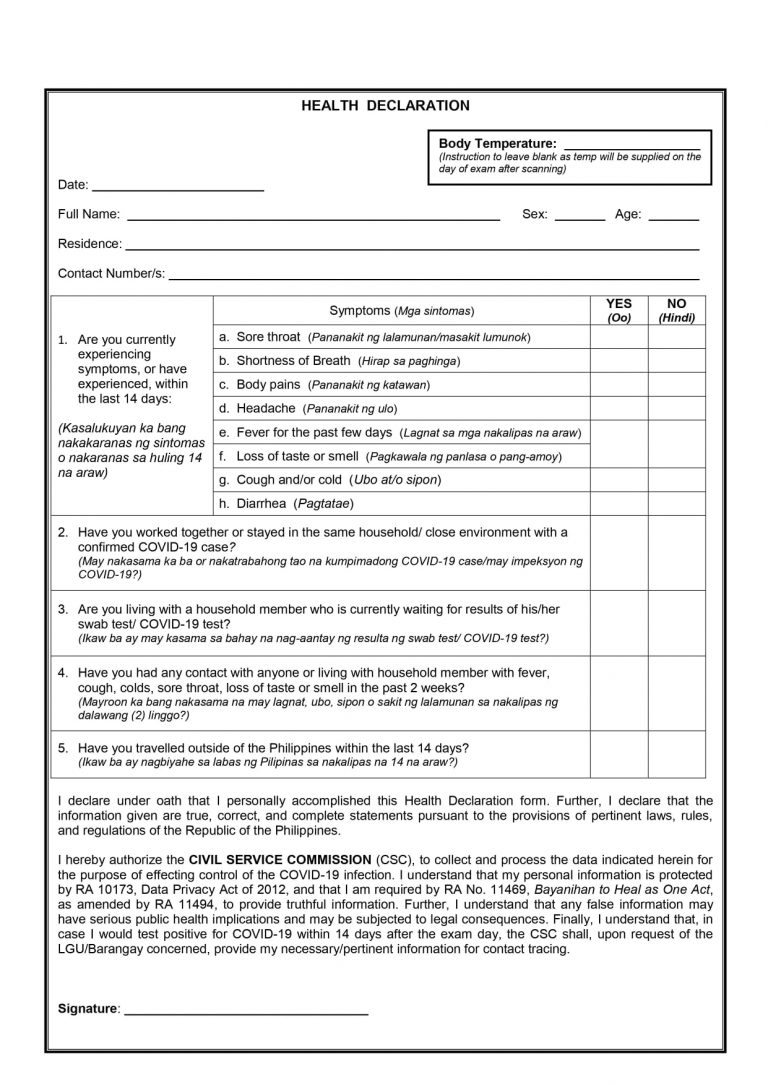 Health Declaration Form for CSC Exam Download - NewsToGov