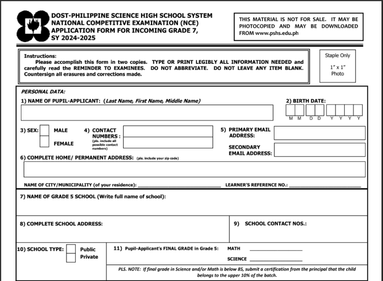 PSHS NCE Application Form - NewsToGov